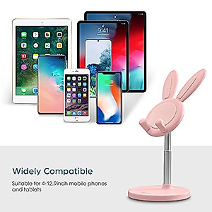 Cell Phone Stand,Angle Height Adjustable Bunny Phone Stand for Desk,Cute Rabbit Phone Holder Stand for Desk, Compatible with All Mobile Phones,iPhone,Samsung,Pixel,iPad,Tablet(4-10in) (Pink)