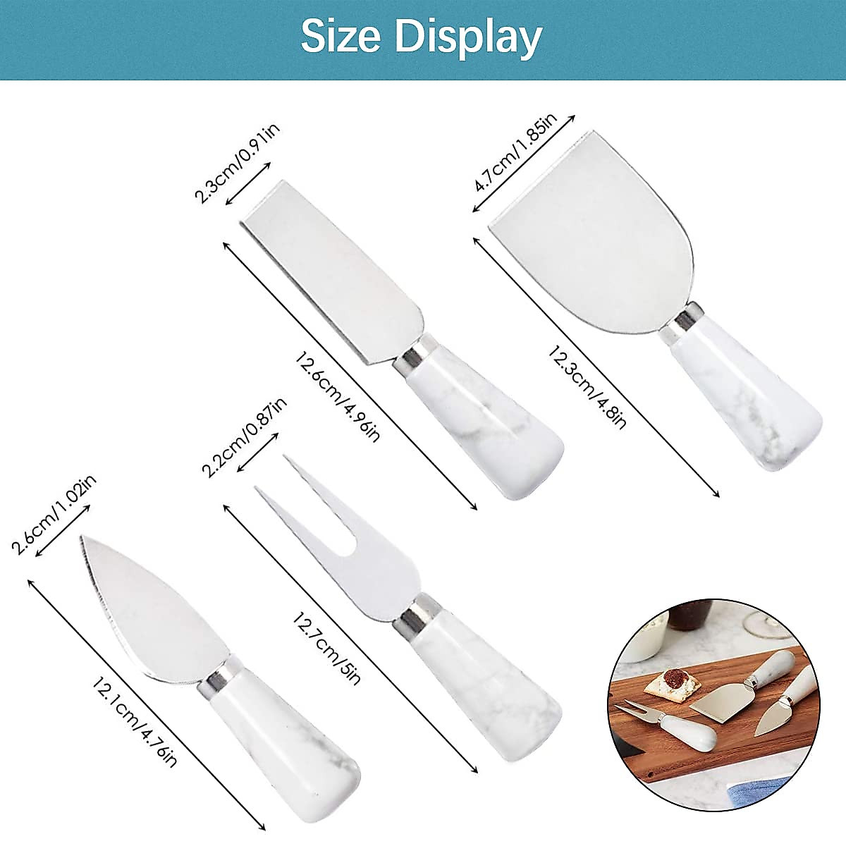 Funland 4PCs Cheese Knife Spreader Set with Marble Handle, Cute Cheese Knives Cutter Slicer for Marble Cheese Board, Spatula for cheese Board Accessories, Gift for Party, Thanksgiving - Silver