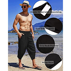 COOFANDY Men's Beach Pants Loose Casual Lightweight Elastic Waist Summer Linen Pants Black