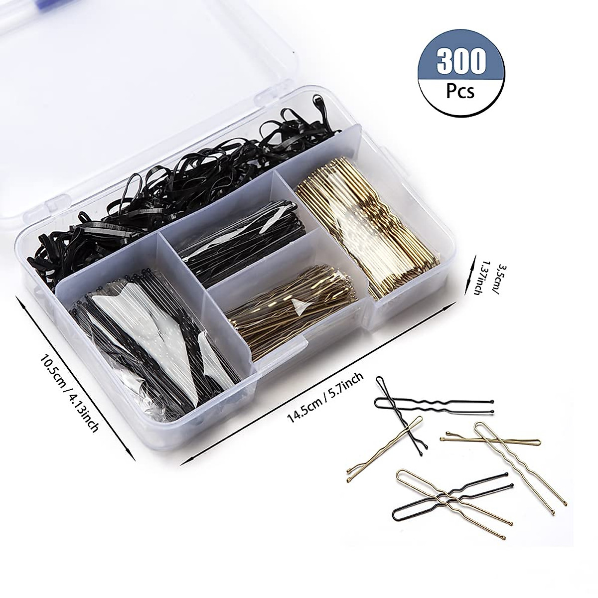 300 Pcs Hair Pins Kit, Including 100 Pcs Bobby Pins, 100 Pcs U Hair Pins, 100 Pcs Black Rubber Hair Bands, Hair Pins for Kids Girls and Women, Made of Metal, Not Easy to Fade, Which is Durable to be