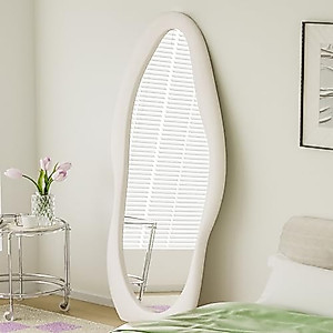 Dewfig Full Length Mirror, 63" x 24"Irregular Mirror, Large Floor Length Mirror Wall Mounted, Standing Mirror with Flannel Wrapped Wooden Frame for Bedroom/Living Room, White