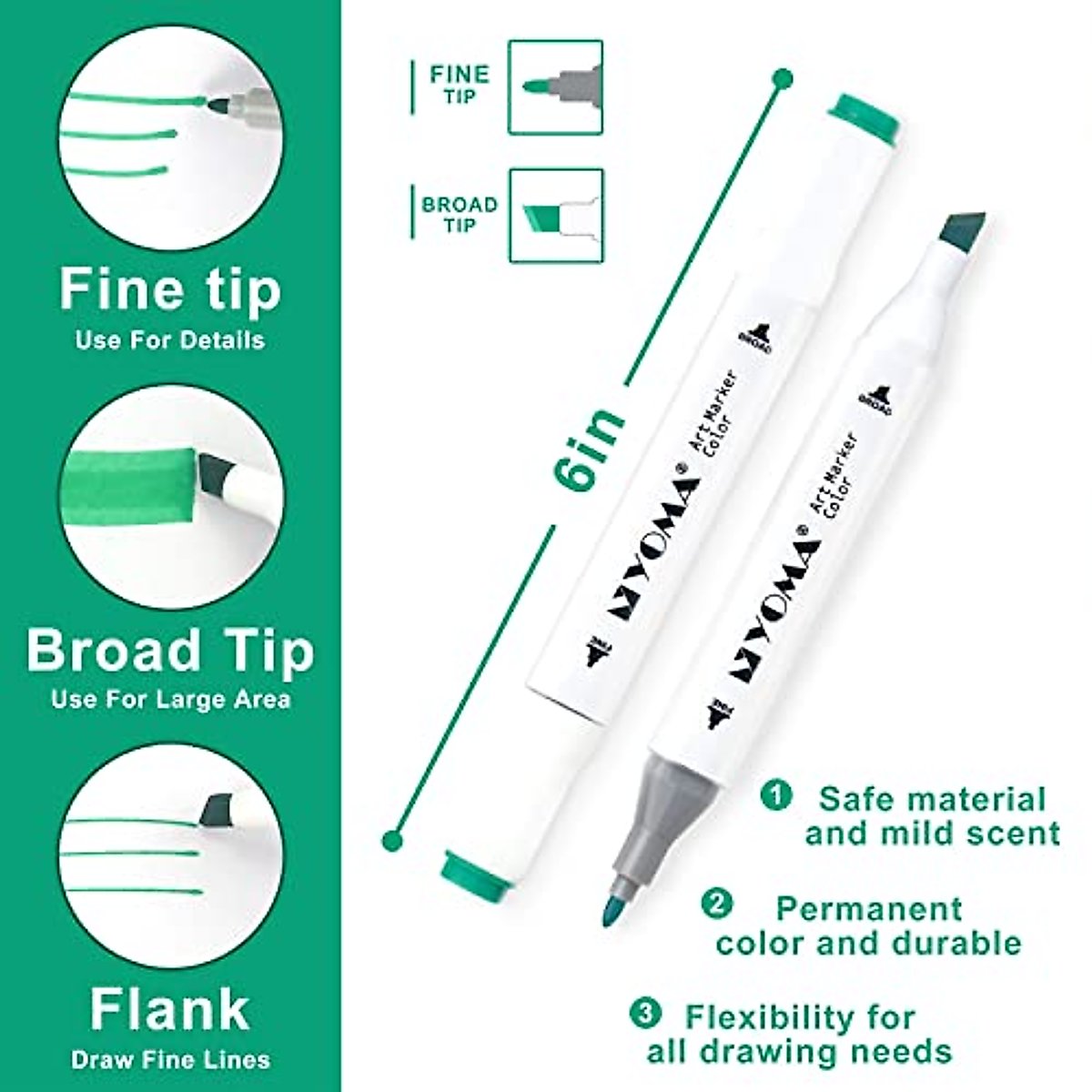 Y YOMA 60 Colors Alcohol Markers Dual Tip Markers Brush Tip Set, Unique Colors (1 Marker Case) Alcohol-based Ink, Fine & Chisel, White Penholder