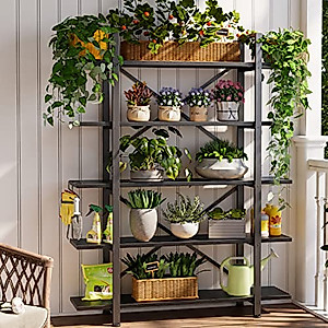 Gizoon 5 Tier Bookshelves for Storage, Industrial Tall Wood Bookshelf with 4 Hooks, Metal Frame Display Shelves for Bedroom, Living Room, Kitchen, Black