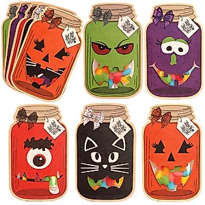 Halloween DIY Crafts Art Cards for Kids-50 Pack Halloween Party Treat Bags Cards Kits for Classroom School, Mason Jar Shape Halloween Treats for Trick or Treaters,Trunk or Treat Party Favors Supplies