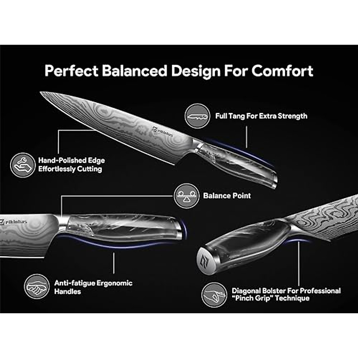 Piklohas Kitchen Knife Sets For Kitchen With Block, 14 Pieces With Magnetic Knife Holder, German High Carbon Stainless Steel Damascus Pattern Chef Knife Set With Sharpener, Steak Knives, Black