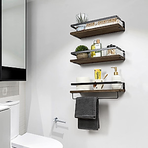 Set of 3, Wall Floating Bathroom Shelves with 1 Towel Bar - Wall Mounted Hanging Shelf for Bedroom, Living Room, Kitchen Storage Organizer - Rustic Farmhouse Bathroom Home Decor Clearance - Dark Brown