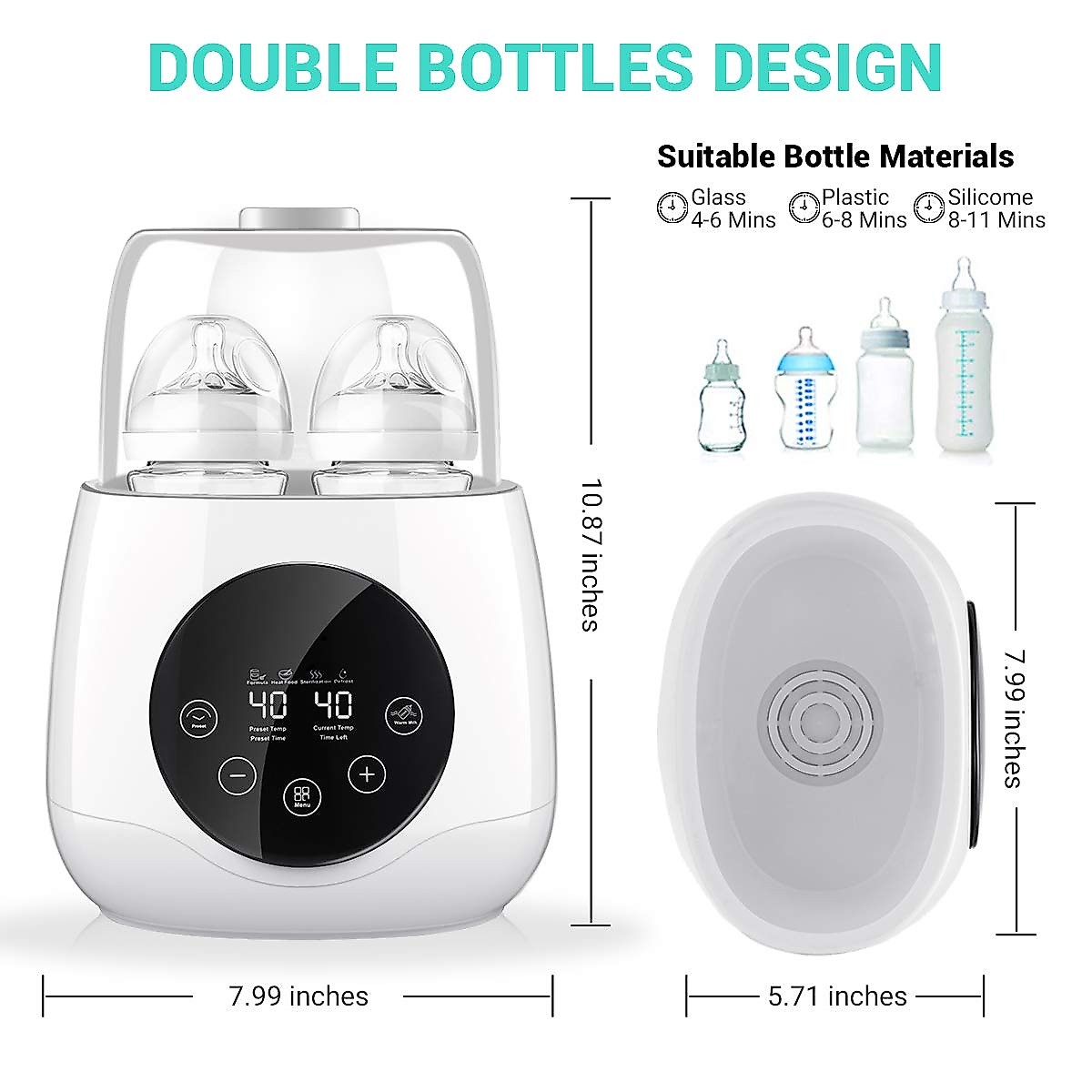 EIVOTOR 6 in 1 Baby Bottle Warmer, Double Bottle Steam Sterilizer Food Heater for Evenly Warm Breast Milk or Formula, LED Panel Control Real-time Display, BPA Free
