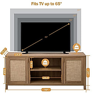 SICOTAS Rattan TV Stand for 65 Inch TV: 26" Tall TV Console with Storage Cabinet and Adjustable Shelf, 59" Boho Entertainment Center, Media Console, Modern Wood TV Stands for Living Room, Bedroom, Oak