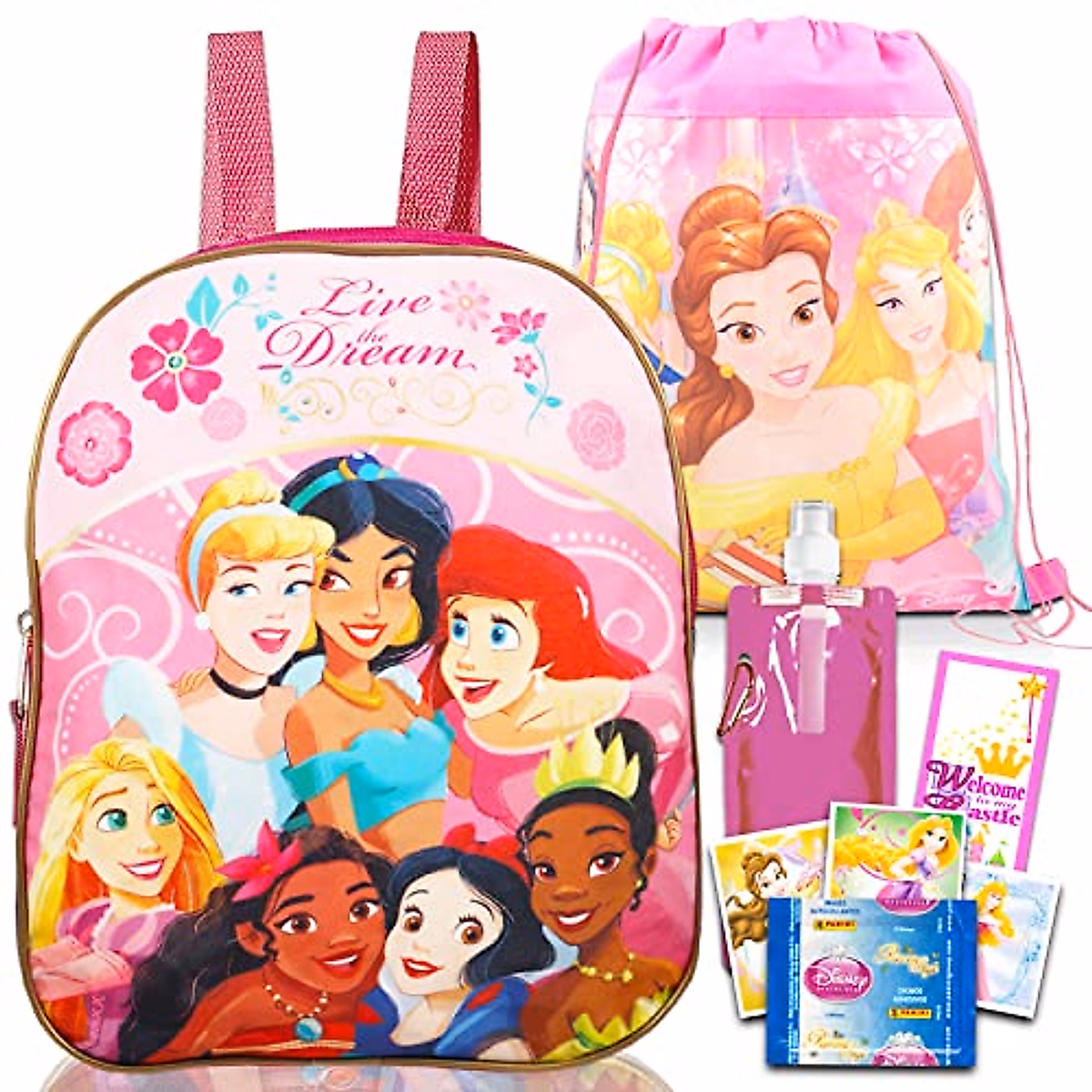 Disney Princess Backpack and Drawstring Bag for Girls Set - Bundle with 11” Princess Mini Backpack, Disney Princess Drawstring Bag, Water Bottle, Stickers, More | Princess Backpack for Girls