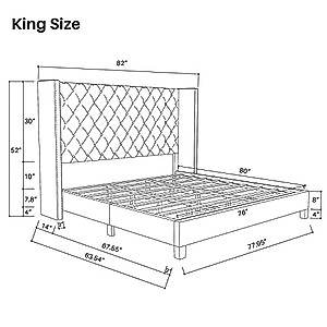 Nathaniel Home Aliyah Velvet Upholstered Platform Bed Deep Button Tufting Frame Bed with Wingback Headboard/Mattress Foundation/Wood Slat Support/No Box Spring Needed/Easy Assembly, Silver, King