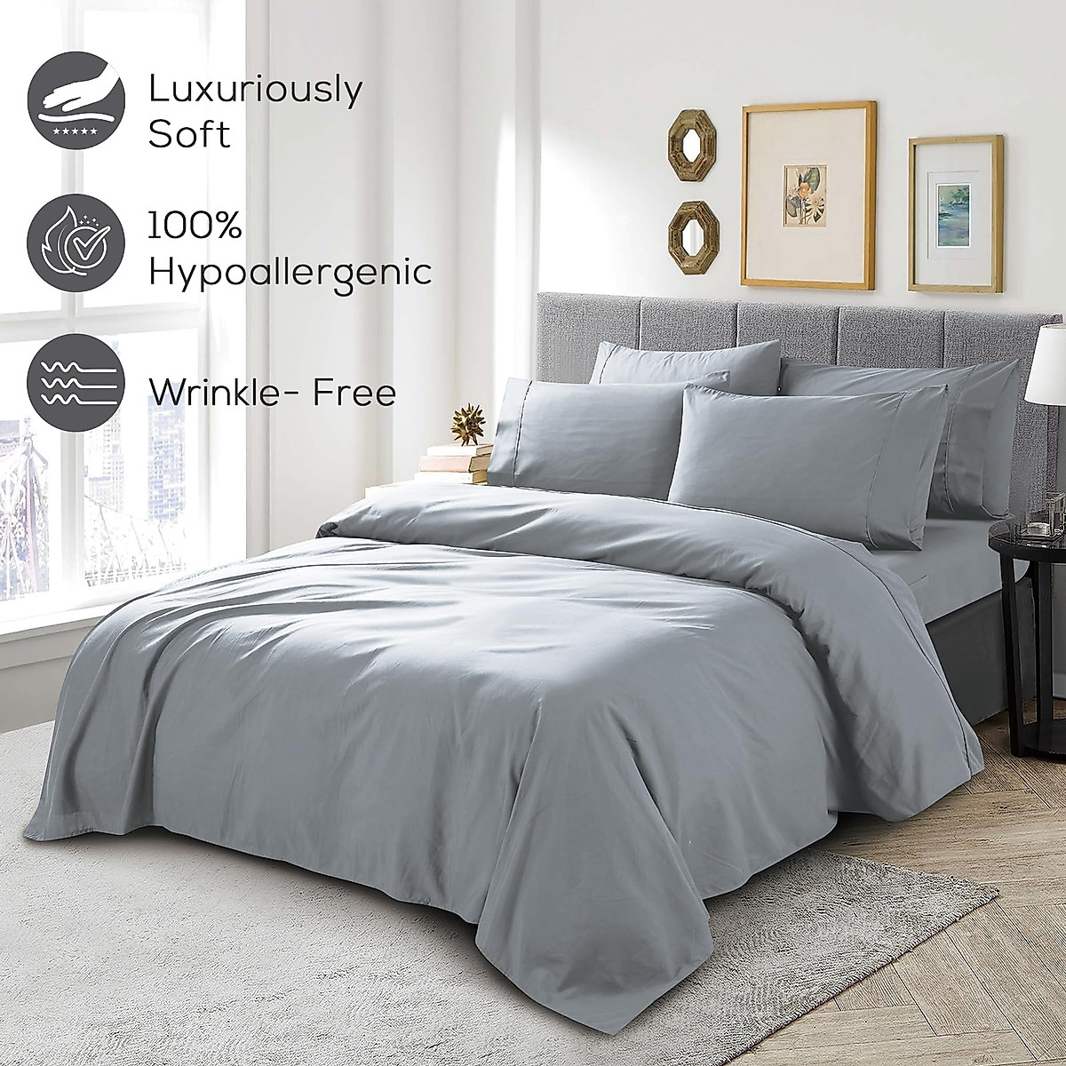 Mueller Ultratemp Bed Sheets Set, Super Soft 1800 Thread Count Egyptian 18-24 Inch Deep Pocket Sheets, Transfers Heat, Breathes Better, Hypoallergenic, Wrinkle, 6Pc, Light Gray Queen