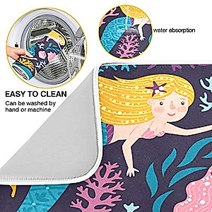 Cute Mermaids Whale Corals Seaweed Dish Drying Mat 24"x18" Absorbent Machine Washable Hanging Fast Dry Pad Dish Protective Mat for Kitchen Countertop Heat Resistant Dinner Table Mat