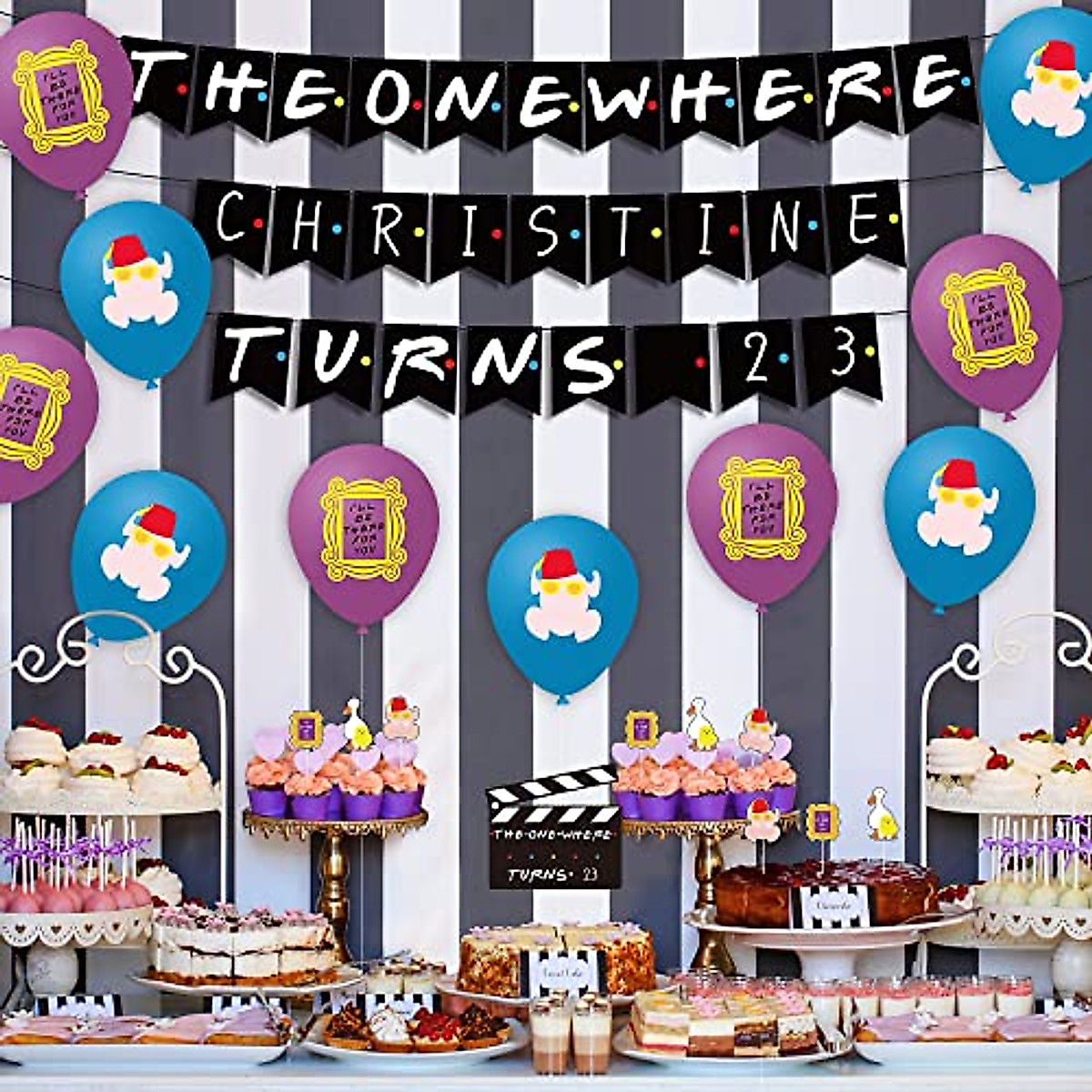 104Pcs Friend Themed Birthday Party Decorations Include The One Where Turn Banners Latex Balloons Cake Toppers Stickers Marked Pen Friend Fans Party Supplies Favors Backdrop Photo pro for Kids Adults