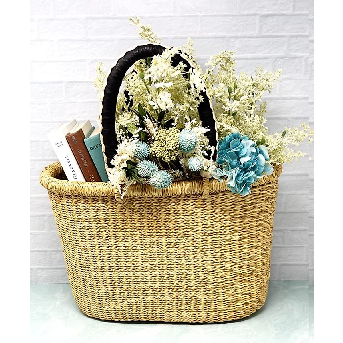 The African Home Goods Ghana Handmade woven Oval Dye Free Picnic shopping Baskets (Natural With Black Handles)