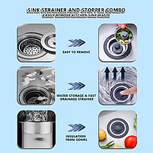 Upgraded 3 in 1 Kitchen Sink Drain Strainer 304 Stainless Steel Pop up Kitchen Sink Stopper Kit Basket Strainer with for Standard 3-1/2 inch Drain Filter, Anti-Clogging and Detachable