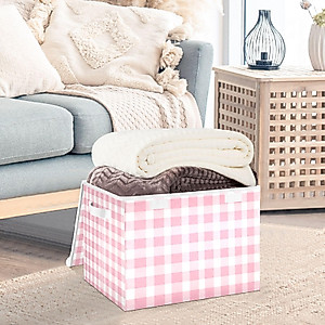 Moudou Pink Buffalo Plaid Storage Bin with Lid, Large Collapsible Cube Storage Box for Closet, Office, Bedroom, Home Decor