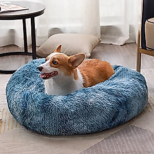 Round Dog Cat Bed Donut Cuddler, Faux Fur Plush Pet Cushion for Large Medium Small Dogs, Self-Warming and Cozy for Improved Sleep Gradient Blue, Small (20" x20")