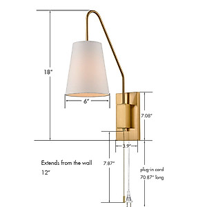 JEENKAE Modern Plated Brass Gold Plug-in Wall Sconces Set of Two Fabric Shade Bedroom Wall Lamp with Pull Chain Switch