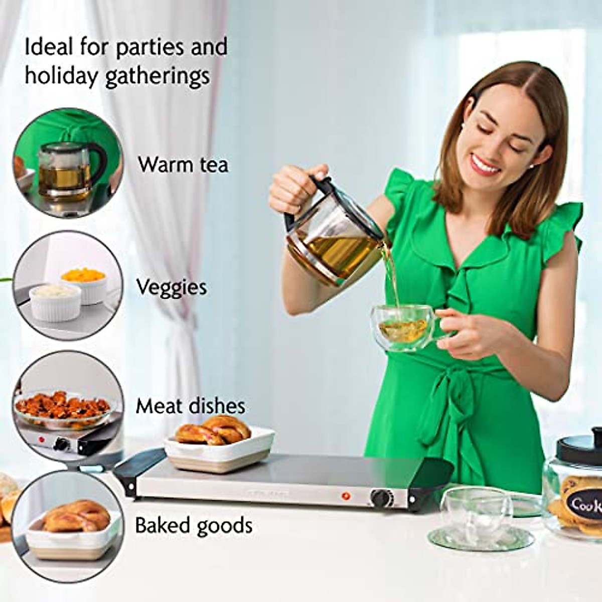 Ovente Electric Warming Tray with Adjustable Temperature Control, Stainless Steel Frame & Cool-Touch Handles, Compact Food Warmer Perfect for Buffets Parties Events Dinners and Holidays, Silver FW170S