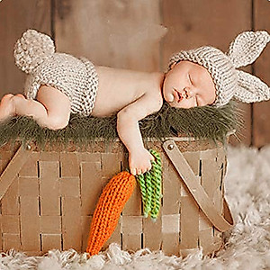 IBTOM CASTLE Crochet Bunny Rabbit Costume &Carrot for Newborn Photography Props Knit Infant Baby Animal Hat Cap for Photo Shoot Hat + Shorts + Carrot One Size