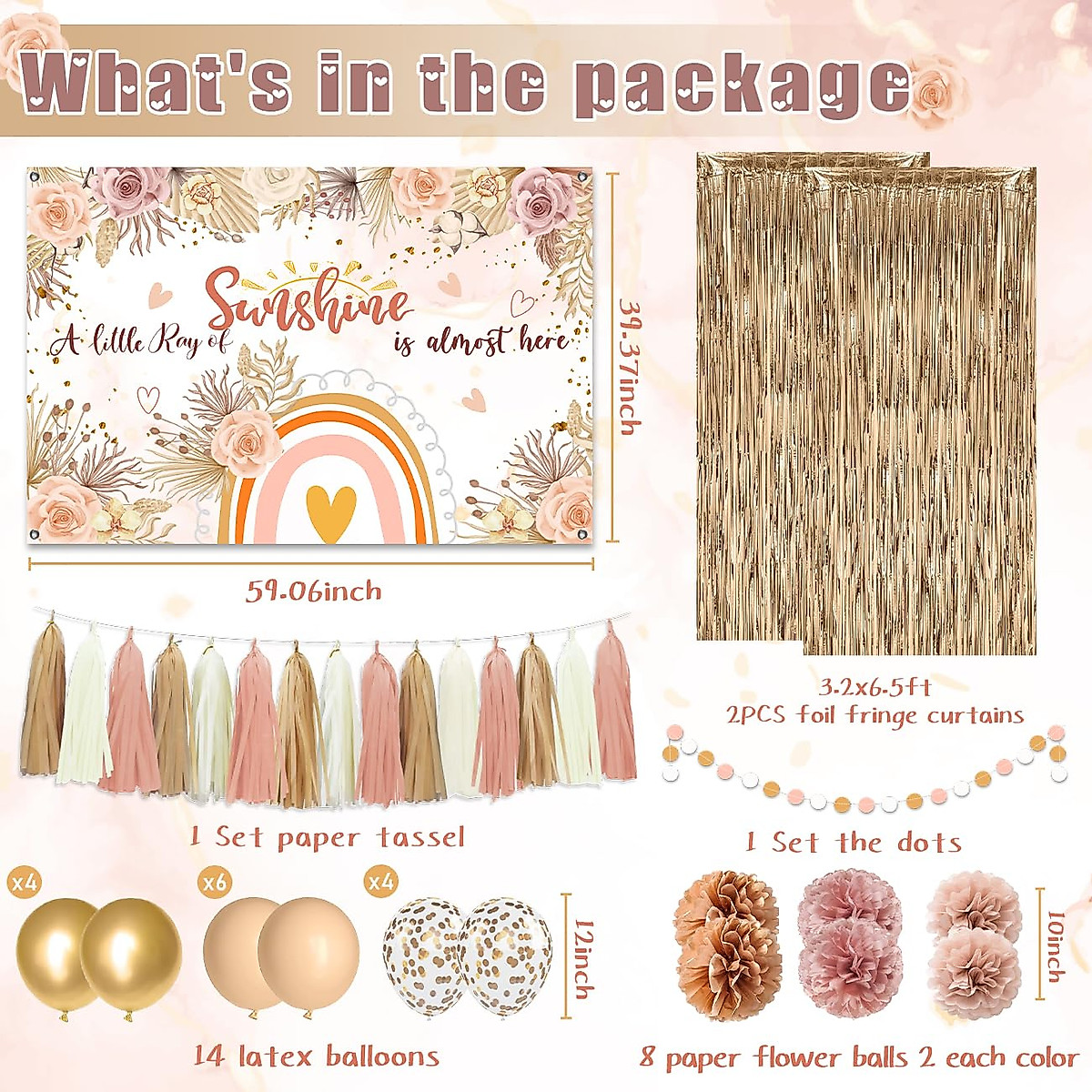 Boho Baby Shower Decorations for Girl A Little Ray of Sunshine Daisy Boho Backdrop Blush Pink Balloons Dusty Rose Paper PomPoms Champagne Fringe Curtain for Boho Rainbow Birthday Baby Shower Decor