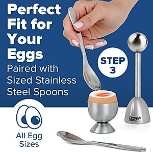Eparé Egg Cups For Soft Boiled Eggs with Spoons - Hard Boiled Egg Holder & Egg Cracker Tool Set - Stainless Steel Handle Egg Opener Topper & Cutter