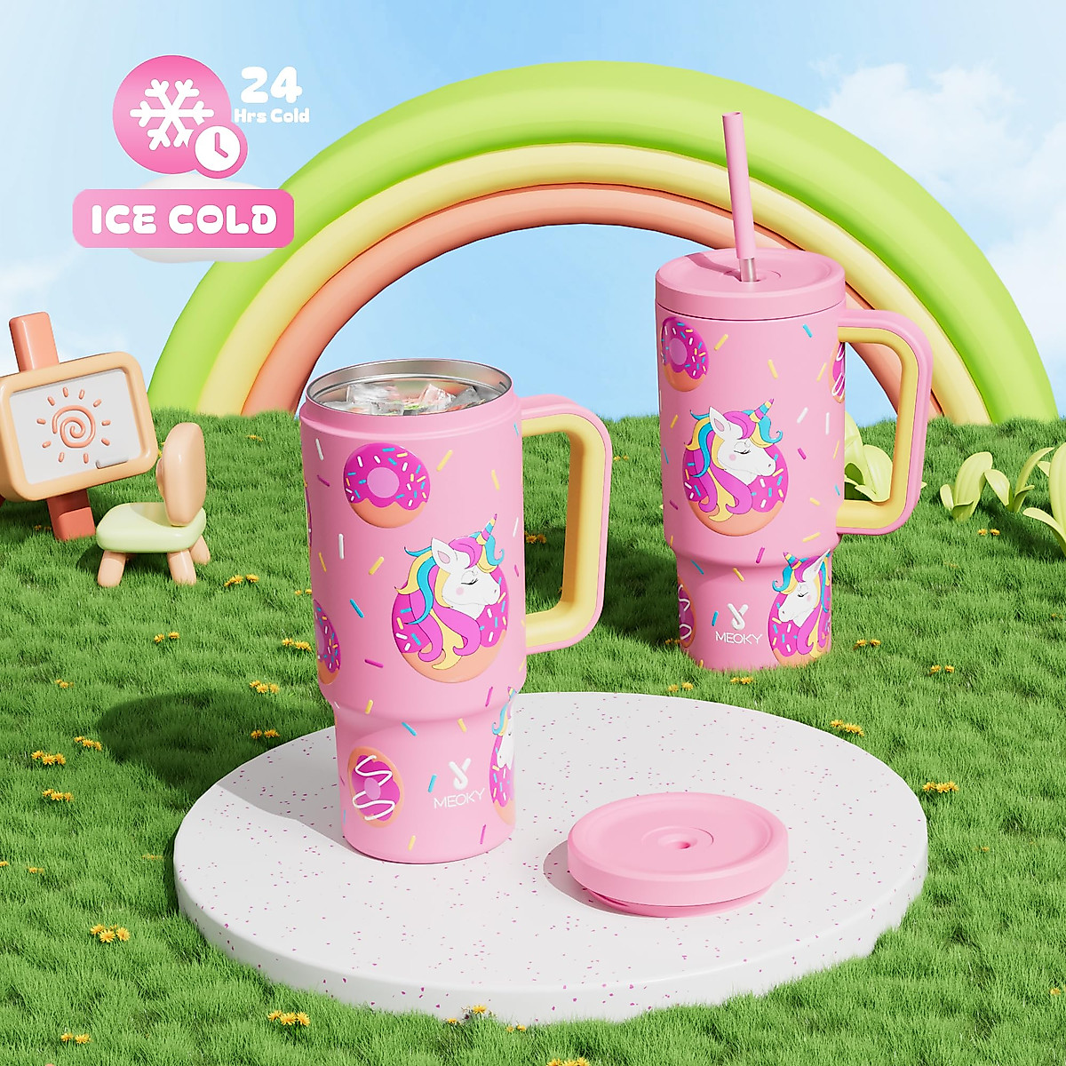 Meoky 24 oz Tumbler with Handle and Straw, 100% Leak-proof Tumbler with Lid and Straw, Insulated Stainless Steel Travel Coffee Mug, Keeps Cold for 24 Hours (Unicorn & Celebration)