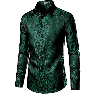 ZEROYAA Men's Paisley Jacquard Slim Fit Long Sleeve Button Up Dress Shirt for Party Prom ZLCL28-Emerald Small