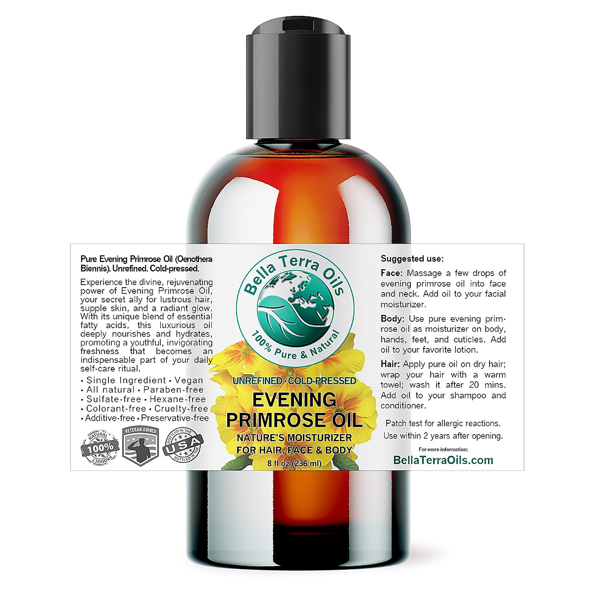Bella Terra Oils - Organic Evening Primrose Oil 8 oz - Harvested for Excellence, Packed with Nutrients & Omega-6, Perfect Elixir for Enhancing Natural Beauty