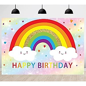 Rainbow Birthday Backdrops for Girls Bokeh Happy Birthday Party Decoration Supplies Kids Rainbow Clouds Cake Table Banner Photo Studio Props 5x3ft