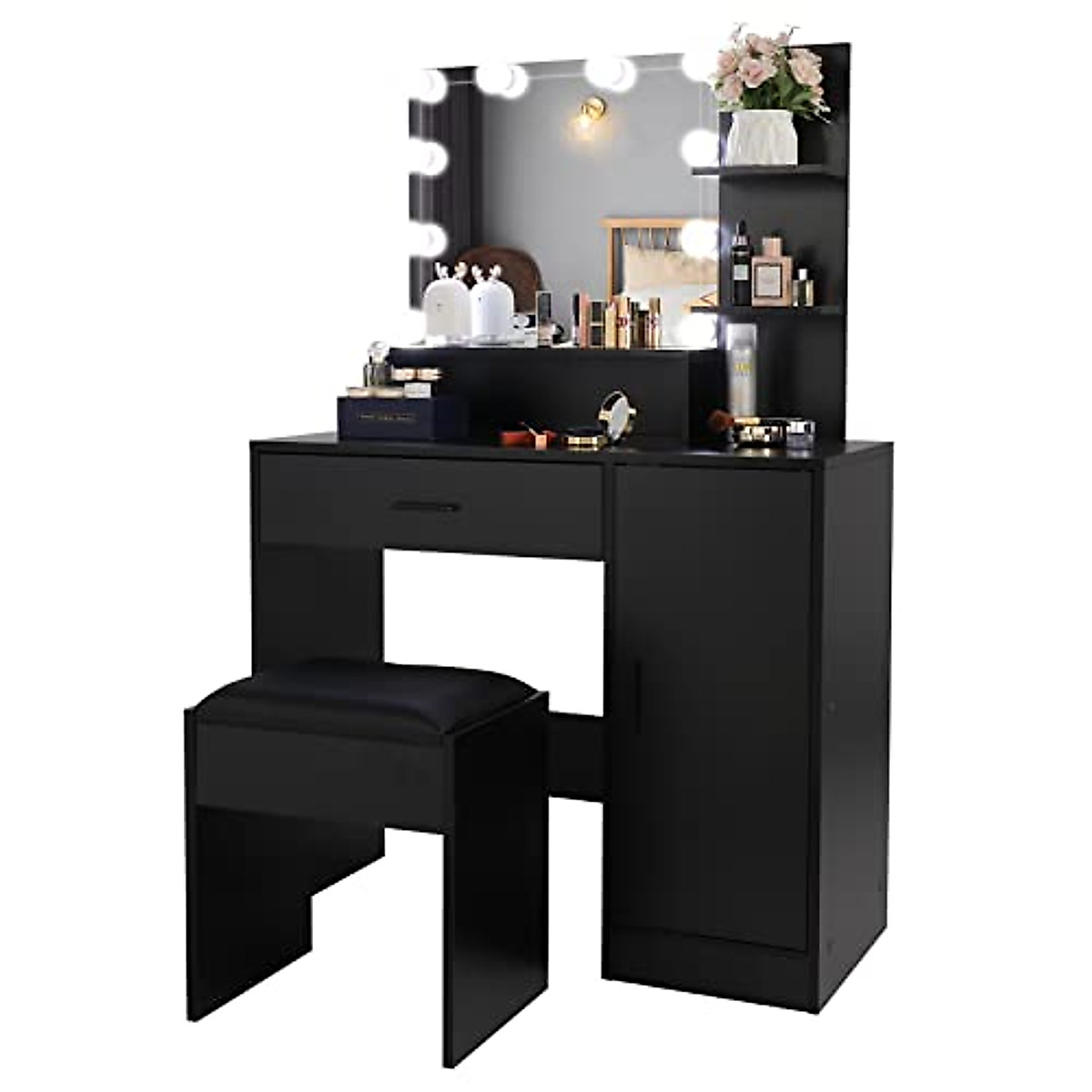 Large Vanity Set - Lighted Makeup Table with Vanity Stool - Makeup Vanity With Lights - Vanity Makeup Desk with Adjustable 3-color LED Bulbs - Dressing Table with 3 Shelves 1 Drawer 1 Cabinet - Black