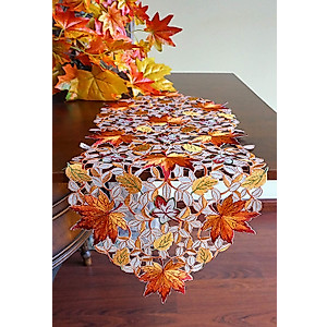 GRANDDECO Thanksgiving Harvest Table Runner Embroidered Cutwork Maple Leaves Dresser Scarf Table Cover Autumn Or Fall Decorations (Table Runner 13"x34")
