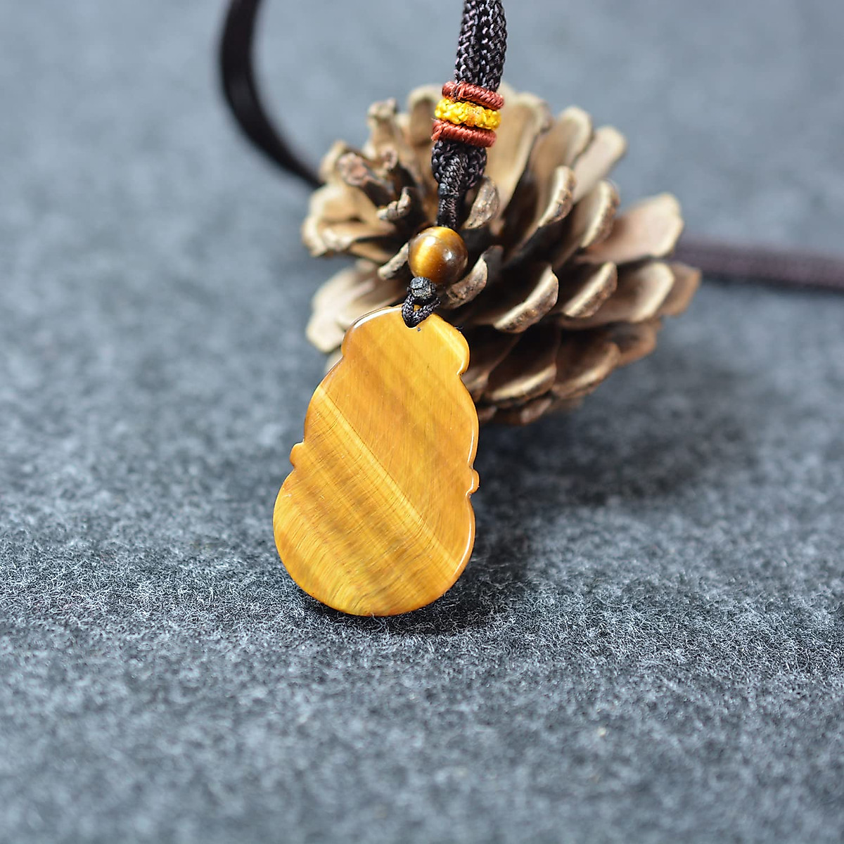 QIANXU Tigers Eye Necklace for Women Men,Genuine Gemstone Engraved Gourd Pendant,Crystal Jewelry adjustable Chain