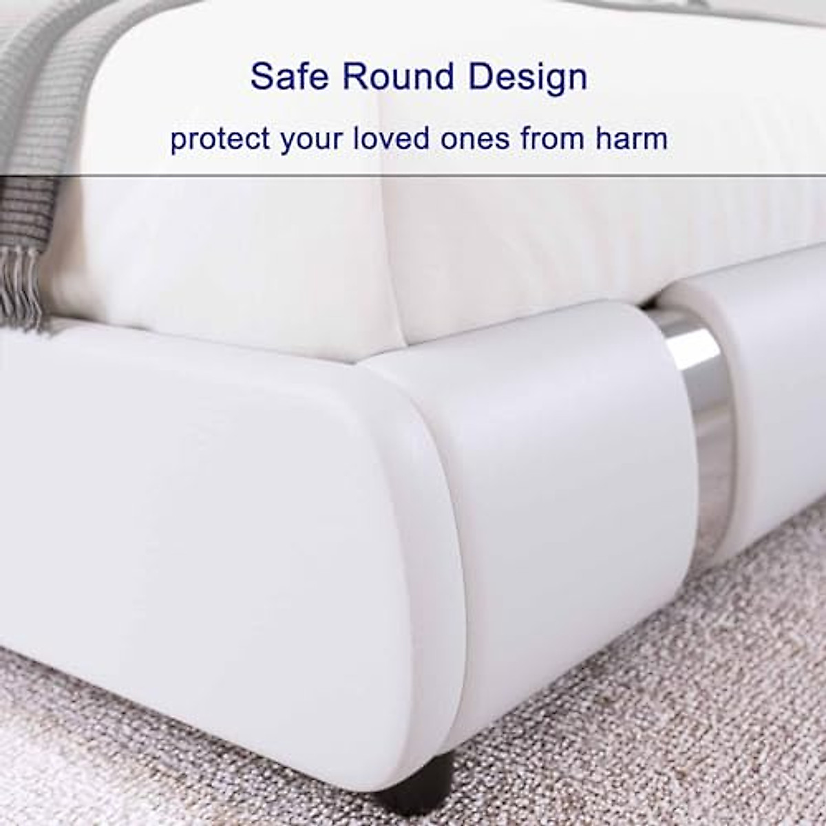 Keyluv Modern Faux Leather Upholstered Platform Bed Frame with Mirror Metal Decoration Headboard, Curved Headboard, Wooden Slats Support, No Box Spring Needed, Queen Size, White