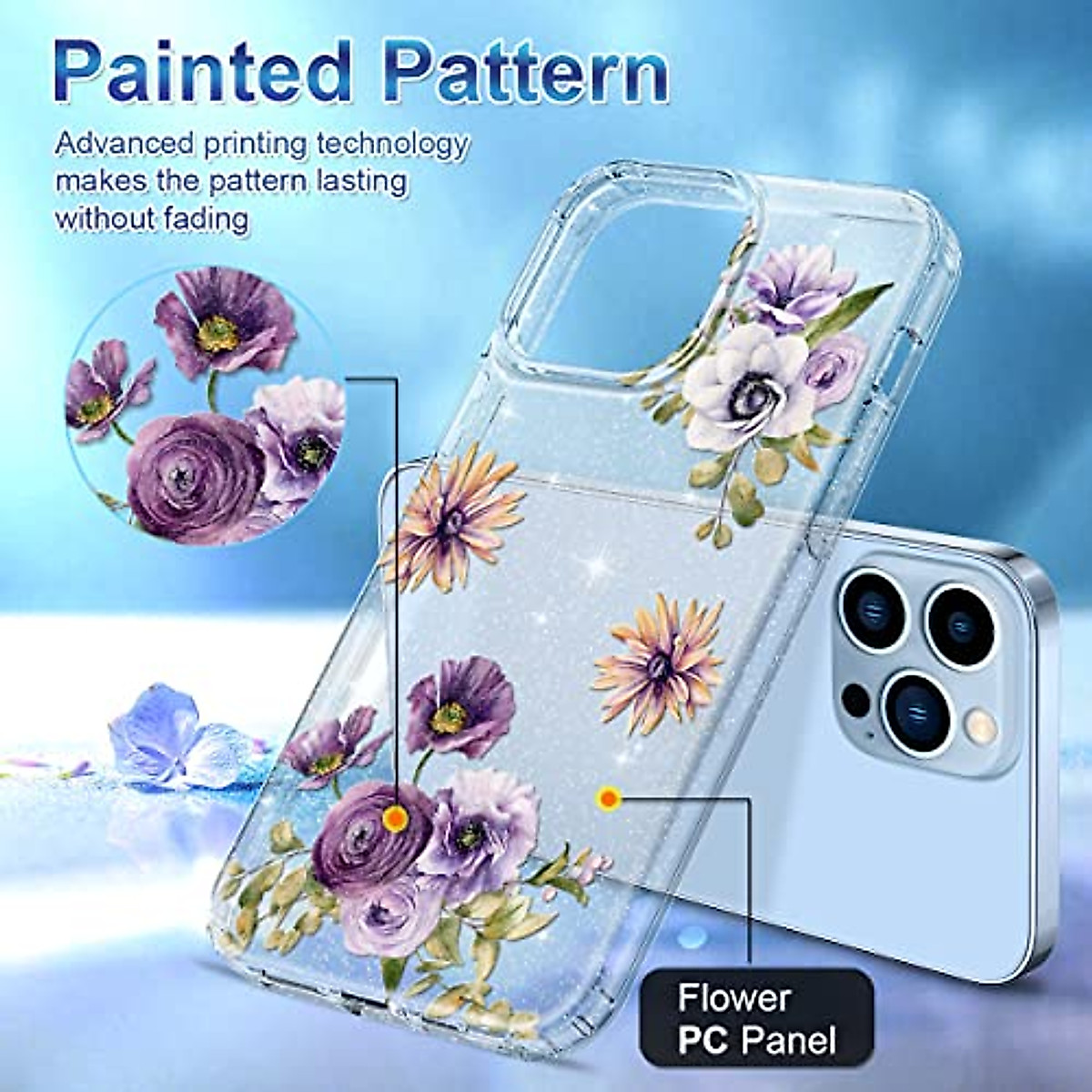 Lamcase iPhone 13 Pro Max Floral Case - 2 Screen + 2 Camera Protectors, Clear Bling Sparkly Hard PC, Slim, Drop & Shockproof