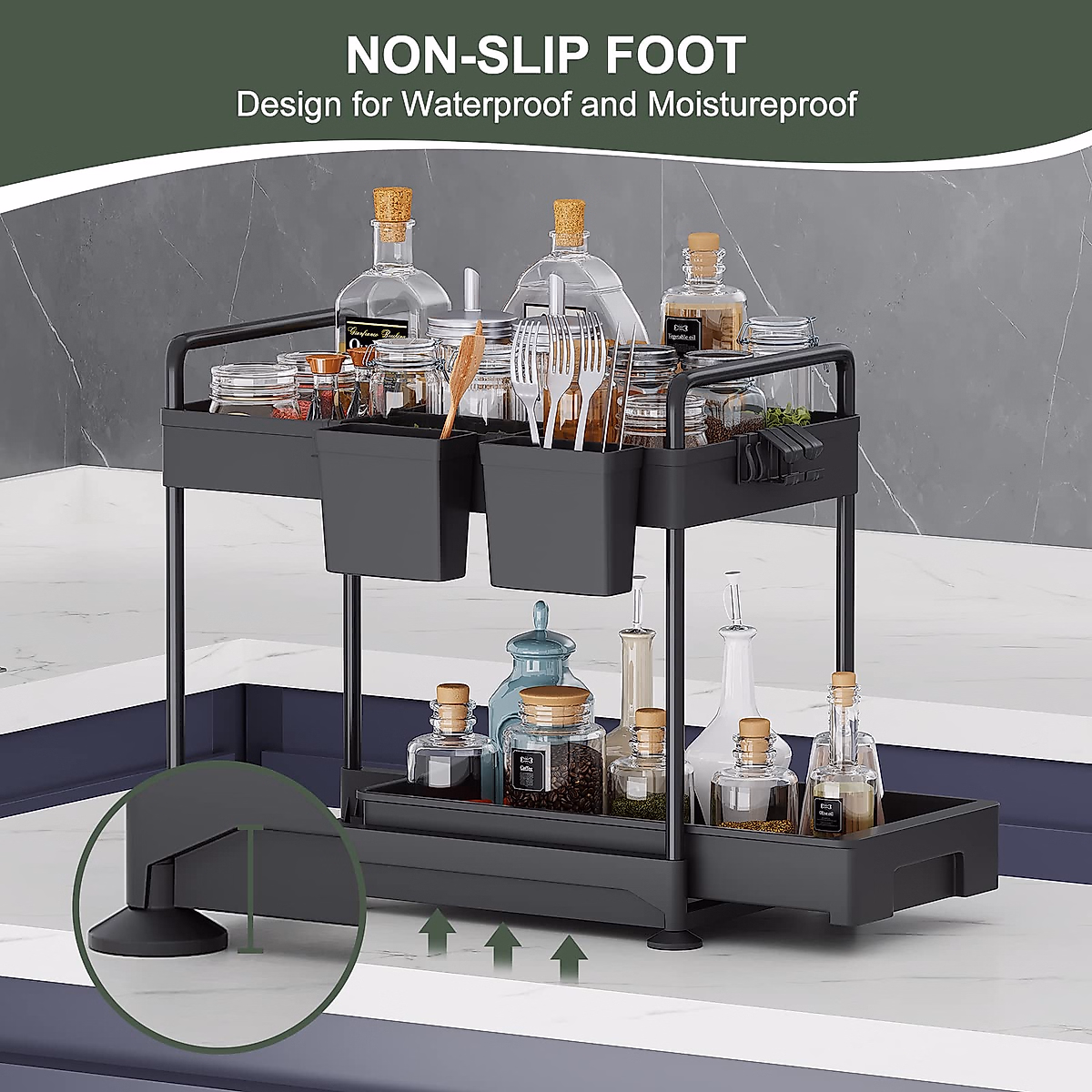 BAYANKHAR Under Sink Organizers and Storage, Multi-purpose Bathroom Organizer Under Sink, 2 Tier Under Kitchen Sink Organizer Sliding Cabinet organizer Basket with Hooks,Hanging Cup,Black,2 Pack