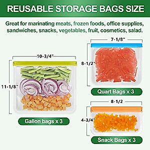 Reusable Freezer Bags Extra Thick & Leak Proof, 9 Pack BPA Free Silicone Bags for Food Storage, Travel, Marinate Meats, Fruit - 3 Gallon Bags & 3 Quart Bags & 3 Snack Bags
