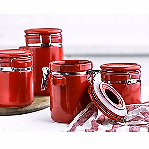 Porcelain Coffee Sealed Canister with Valve Blocks Tea Cans Powder Candy Beans Jars Food Container Spice Storage Bottle with Lid Spoon (Red, 35oz)