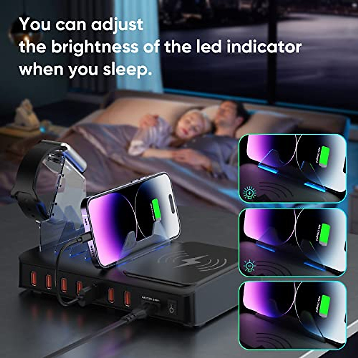 Charging Station Organizer for Multiple Devices，Welnotti 7-Ports USB Fast Charger Ports Wireless Charge Compatible with Cell Phone,iPad,iWatch,Tablets,for Home (Black)