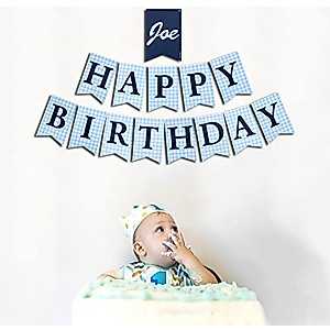 Blue Gingham Happy Birthday Banner, Light Blue and Navy Banner, Checkered Banner