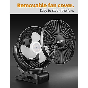 VANPRT 5000mah Clip on Fan, 6'' Portable Rechargeable Battery Fan, 7-30 Working Hours, 3 Speeds Strong Airflow, 720° Rotation, Quiet, Strong Clamp for Desk/Office/Golf/Car/Gym/Treadmill - Black