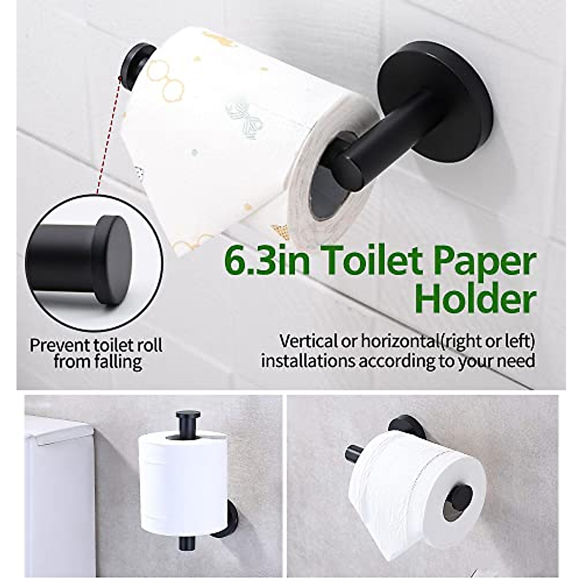 Bathroom Hardware Set, 5/10/20pcs Bathroom Hardware Set, Stainless Steel Bath Hardware Set Including 16" Hand Towel Bars, Toilet Paper Holders, Towel Rings, Robe Towel Hooks (5pcs, Black)