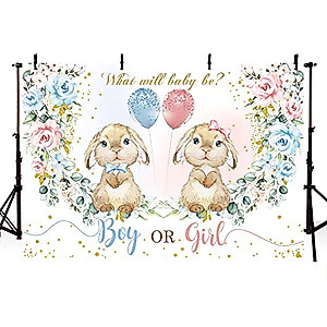 MEHOFOND Bunny Gender Reveal Backdrop Boy Or Girl What Will Our Little Bunny Be Banner Spring Easter Rabbit Floral Kids Party Decoration Supplies Photography Background Photobooth Props 7x5ft