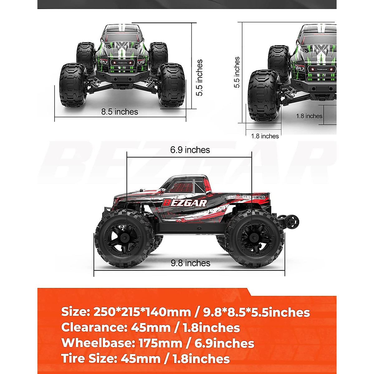 BEZGAR HM165 Brushless Hobby Grade 1:16 Scale Remote Control Truck - 2.4GHz High Speed 52kmh All Terrains Off Road RC Truck 4WD Car Crawler with 2 Rechargeable Batteries for Boys Kids and Adults