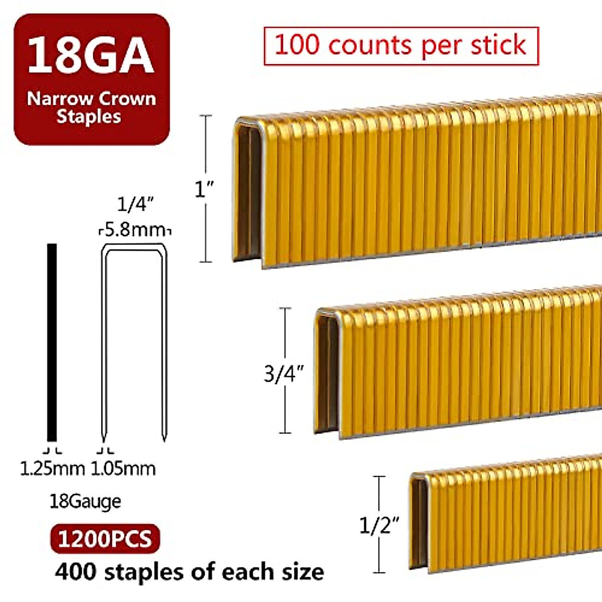 SimCos 18 Gauge 1/4" Narrow Crown Staples (1", 3/4", 1/2"), Galvanized 1200 Counts for Pneumatic or Electric Stapler,Assorted Project Pack