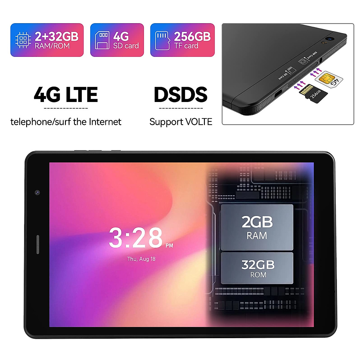 iball 8" Android Tablet, 1920 X 1200 IPS Full HD Display, Upgraded Octa-core Tablets, 4G LTE with SIM Card Slot,2GB+32GB ROM, 8MP Camera, 2.4G+5G WiFi Bluetooth 5.0 GPS