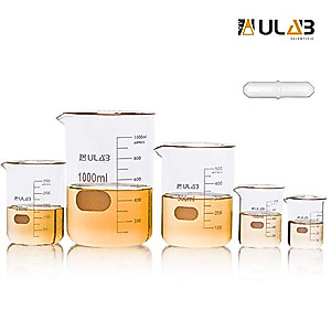 ULAB Scientific Glass Beaker Set with Magnetic Stir Bar Offered, 5 Sizes 50ml 100ml 250ml 500ml 1000ml, 3.3 Boro Griffin Low Form with Printed Graduation, UBG1002