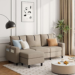 Jarenie 80" Convertible Sectional Sofa, 3-Seat L Shaped Couch with Ottoman, Modern Linen Upholstered Sofa Couches for Living Room, Apartment and Small Spaces, Beige