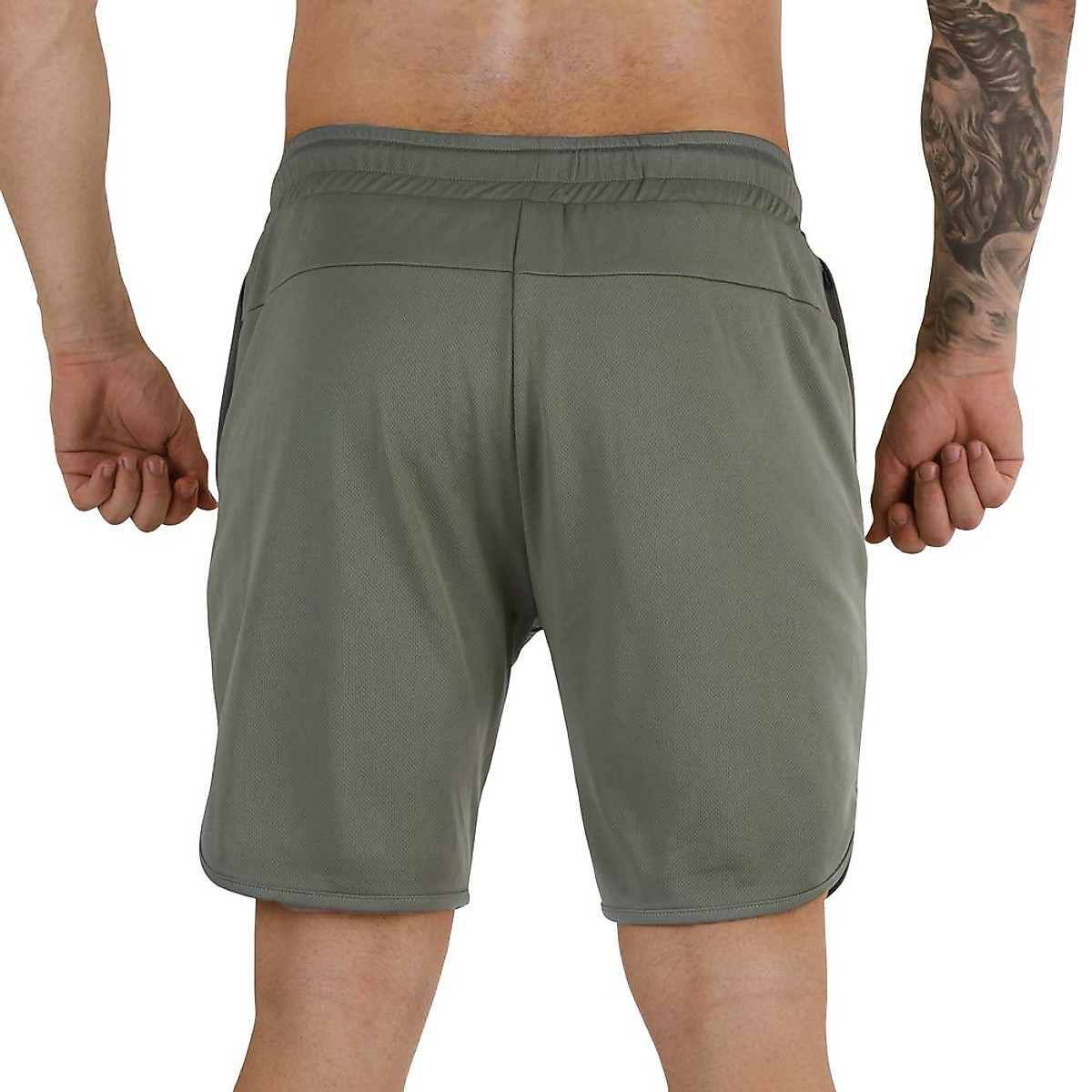 Wangdo Men's Workout Shorts 7" Running Shorts Athletic Bike Shorts Gym Shorts for Men with Zipper Pocket(Black+Green-L)
