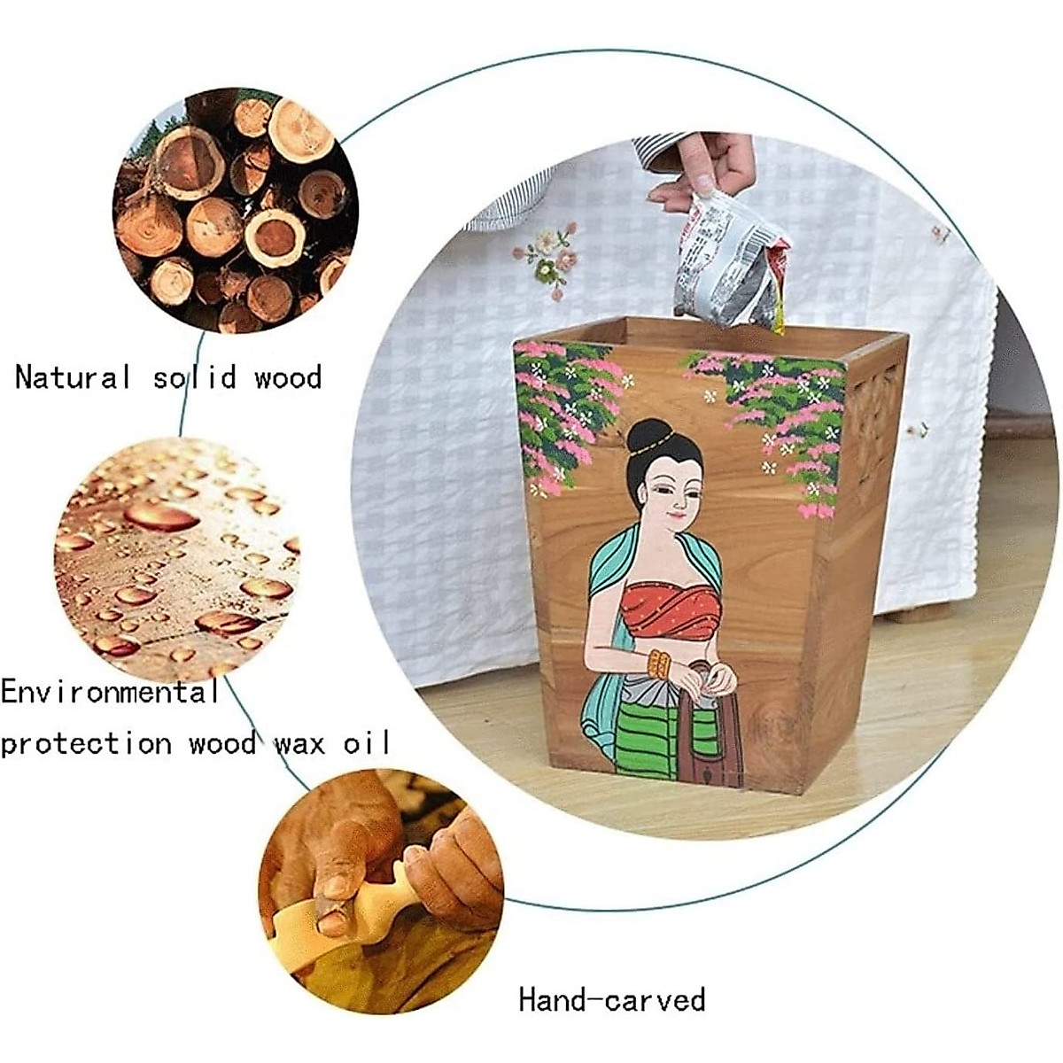 DIKNAC Trash Can Garbage Bin Retro Trash Can Waste Bins Wood Trash Can Household Office Garbage Bin for Home Bedroom Waste Bins